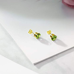 Gem Stone King Natural Green Peridot Earrings | Round 6MM | 1.60 Cttw | Gemstone Birthstone | Yellow Gold Plated Stud Earrings for Women