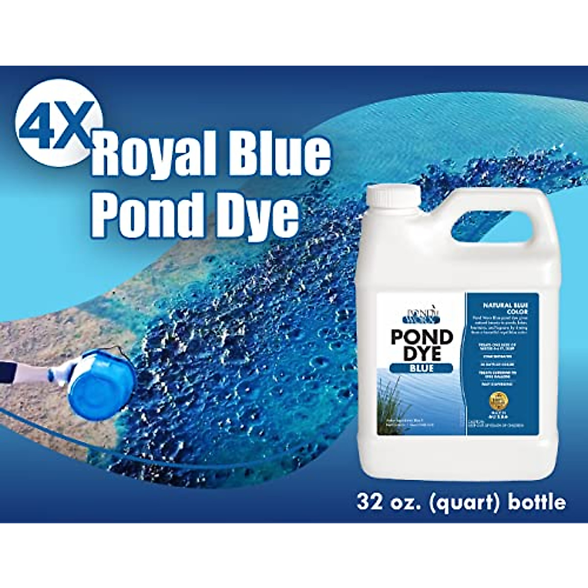 Pond Worx Blue Lake and Pond Dye - 4X Concentrated Liquid Pond Colorant – Shades and Protects Your Pond, Treats up to 1 Acre –1 Quart