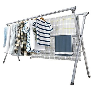 GUNQIUBA Clothes Drying Racks, Heavy Duty Stainless Steel Clothes Standing Drying Pole with 20 Windproof Hooks for The Balcony Indoor or Outdoor, Length Adjustable and Foldable (79 inch)