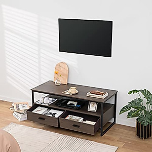 WEENFON Coffee Table, Industrial Coffee Table with 2 Cloth Drawers & Open Storage Shelf, Modern Accent Cocktail Table with Hidden Compartment for Living Room, Metal Frame, Dark Brown