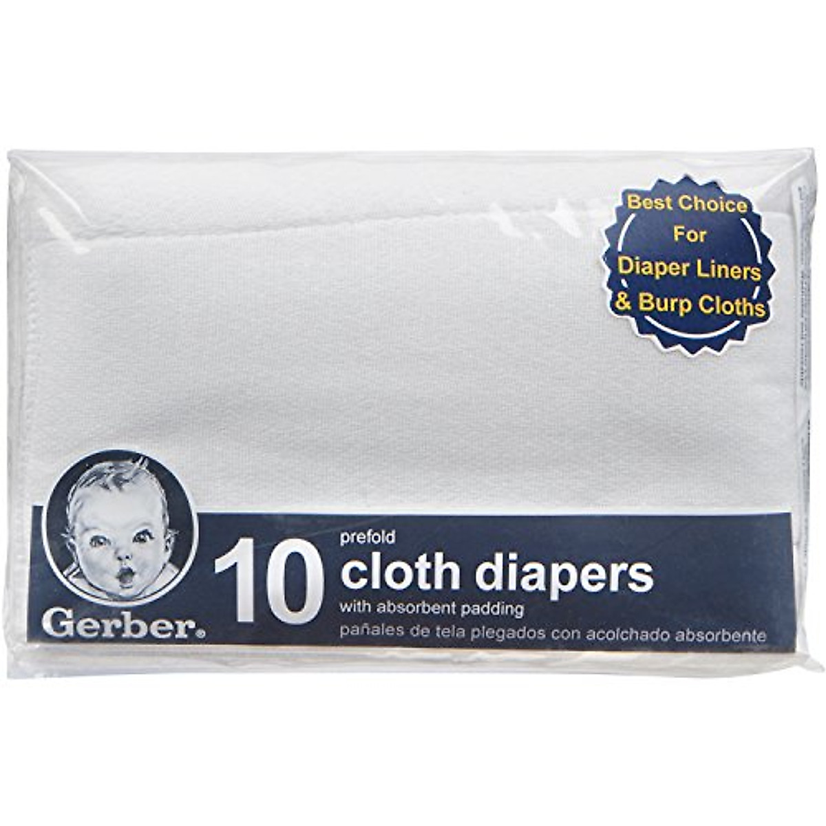 GERBER 10 Count Prefold Birdseye Diaper with Pad, White