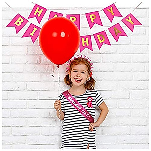 Happy Birthday Decorations Banner for Girls Pink Birthdy Girl Headband Sash Pin Button for Little Girls Birthday Party Favos Supplies Accessories , 4 Pcs