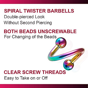 bodyjewellery 14g 14 gauge 3/8 Rainbow surgical steel eyebrow lip bar ear tragus Twist earring ring spiral Barbell ball AQTI Piercing 3pcs