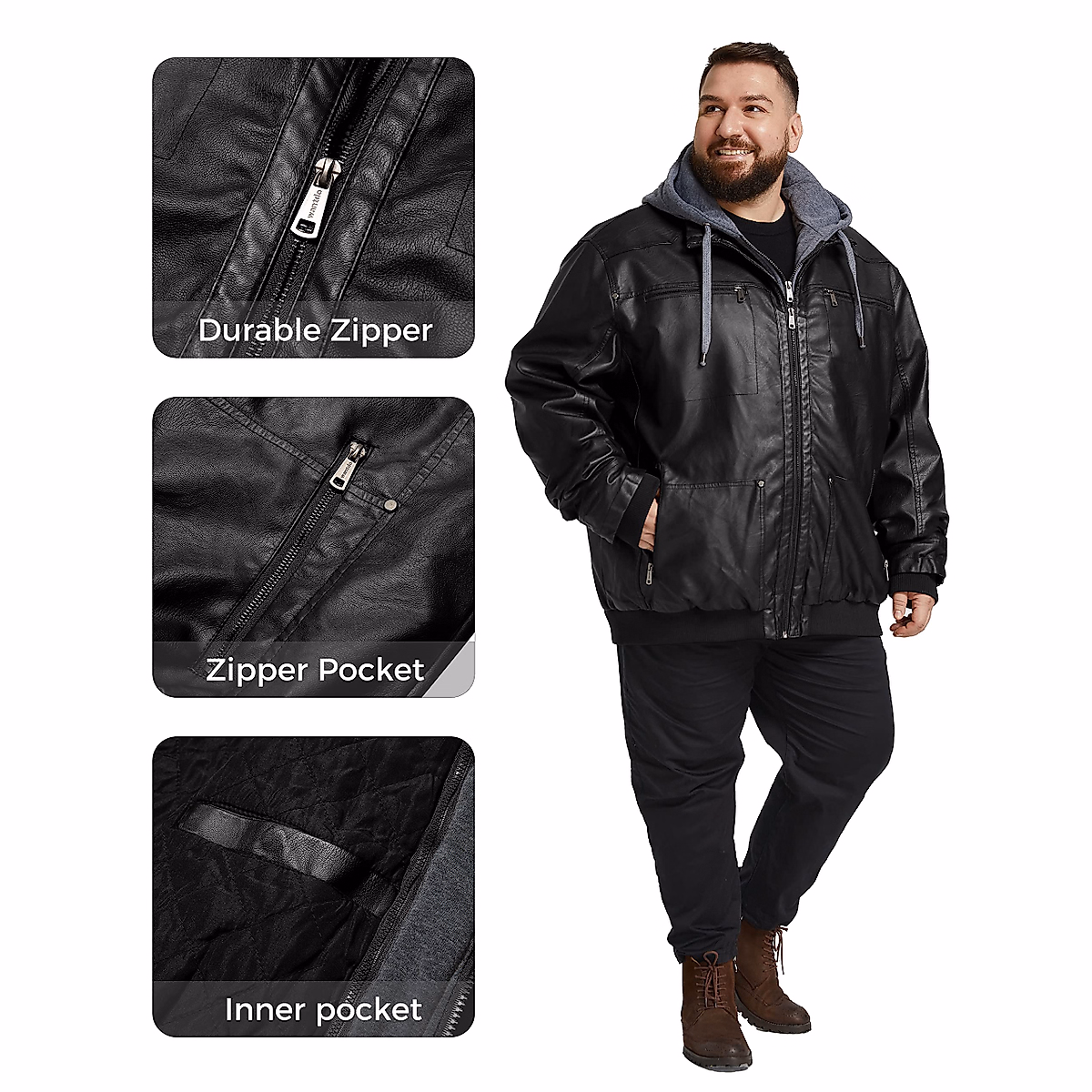 wantdo Men's Big and Tall Leather Motorcycle Jacket Warm Winter Coat with Removable Hood Black 3X-Large Big