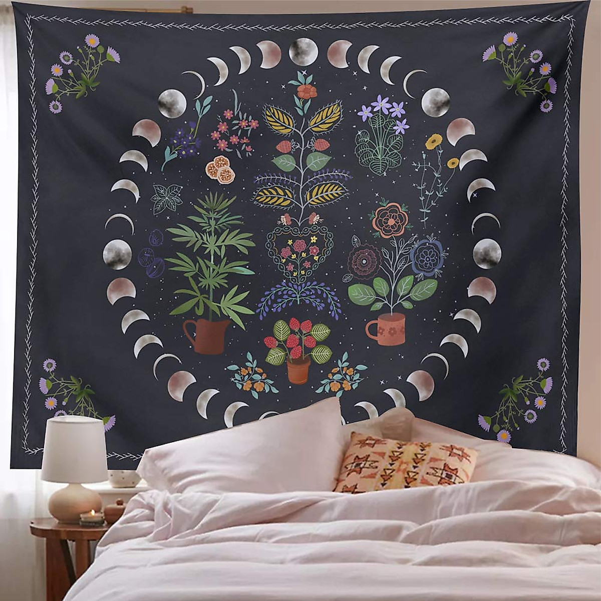 XGXL Botanical Moon Phase Tapestry - Floral Plants Boho Tapestry Wall Hanging Bohemian Mandala Wall Tapestry for Bedroom Aesthetic Home Dorm