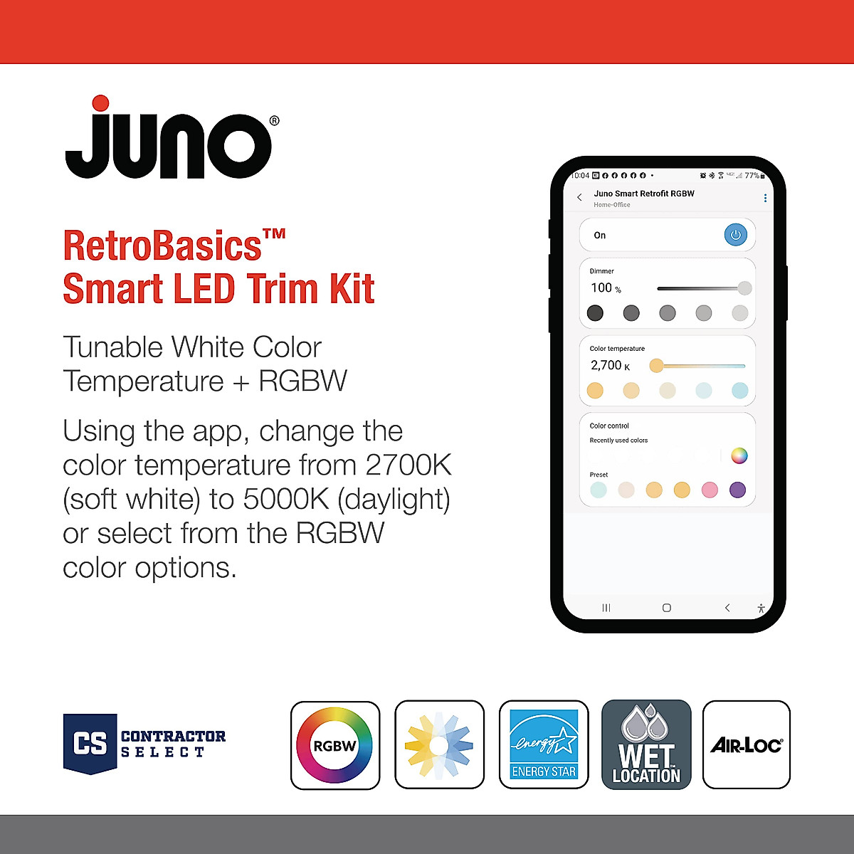 Juno RB56SC RGBW MW CP4 M2 RetroBasics Retrofit Smart LED Downlight, Switchable 2700K - 5000K, RGBW Color Changing, Matte White, 5 to 6 Inch, 4 Pack