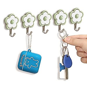 Ristpal [5 Pack] Cute Floret Utility Hooks Heavy Duty Up to 5 Pounds, Waterproof and Oil Proof. Hanging Key. Stick On Wall Kitchen Bathroom Ceiling Or Office Windows Hangers-Green
