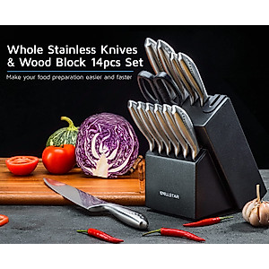 WELLSTAR Knife Set, Super Sharp German Stainless Steel Kitchen Knives Set with Wooden Block, Durable All Stainless Steel Handle, Chef’s Knife Block Set 14-Piece with Scissors and Built-in Sharpener