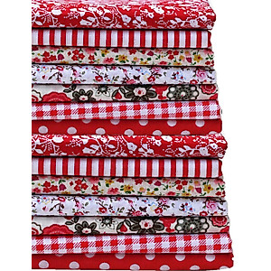 MSCFTFB 14 Pieces Assorted 7 Designs Square Fabric Bundles Sewing Square Patchwork Precut Fabric Scraps for DIY Quilting Applique Doll Dress Making (Red)