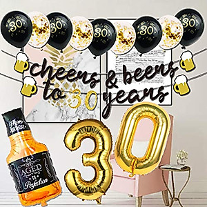 30th Birthday Decorations for Him, 30 Years Birthday Decorations with 40 Inch Gold Number Balloons, Banner, 30 Sign Latex Balloon, Fringe Curtains and Cups Foil Balloons