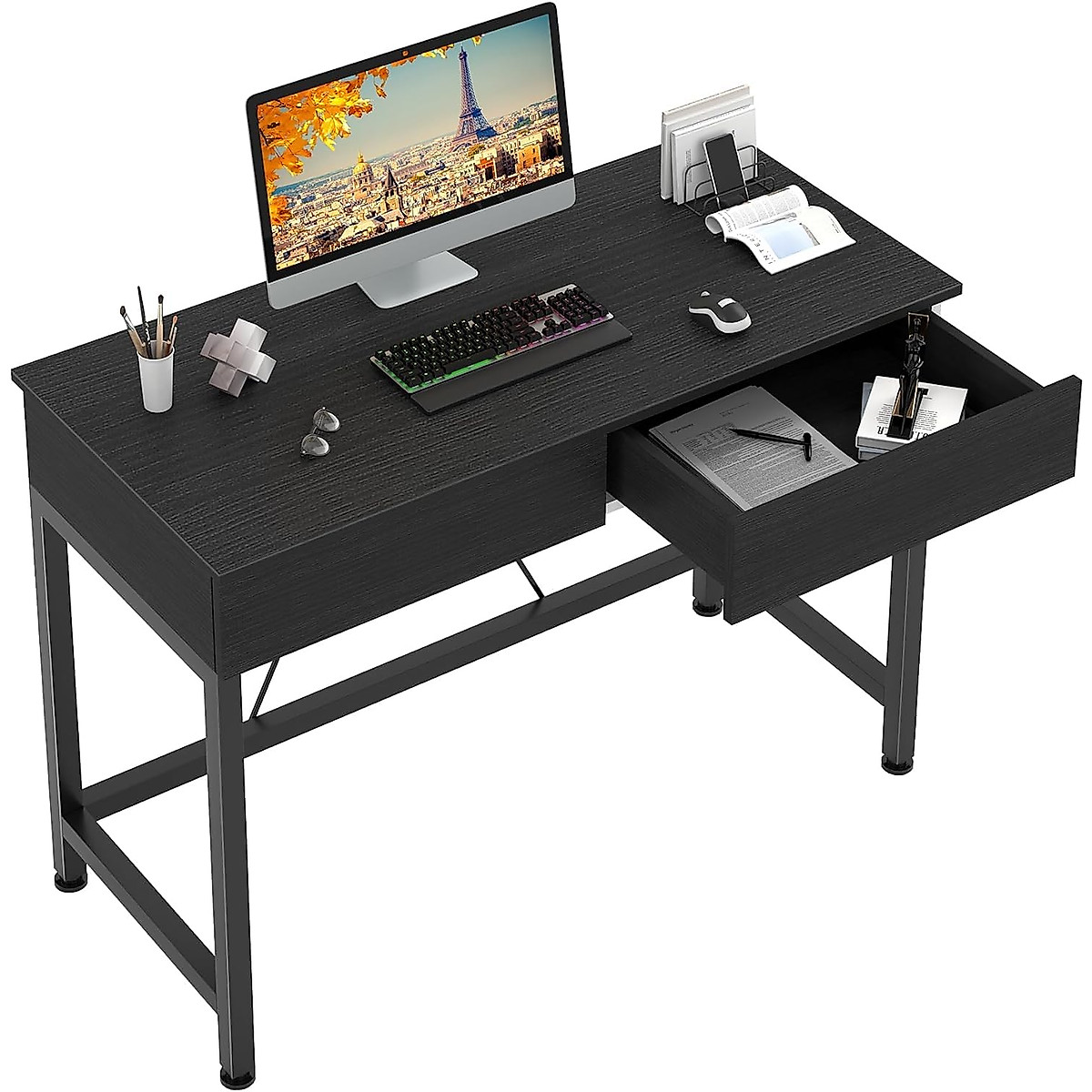 CAIYUN 40Inch Small Computer Desk with Drawers, Home Office Desks with Storage, Simple Modern Kids Desk, Vanity Desk for Bedroom, Work Study Writing Desk Table for Small Spaces (Black, Wooden)