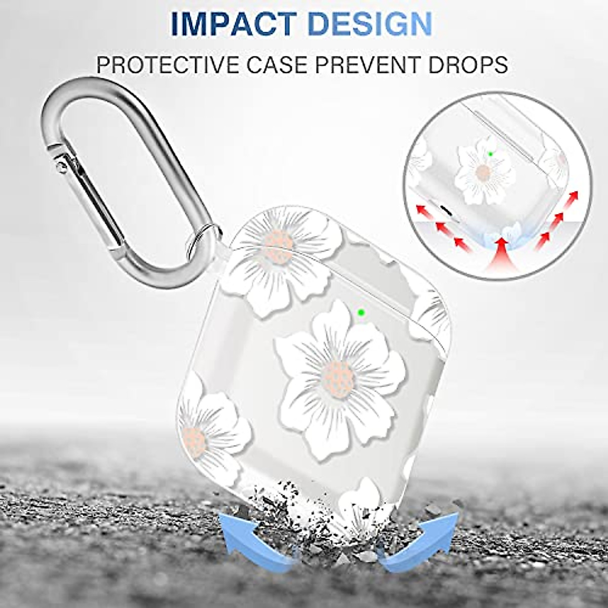 Maxjoy for Airpod Case Flower with Keychain Clear Floral Airpod Pro Case Cover for Girls Hard PC Skin Shockproof Cute Case for Apple Airpods 2&1Charging Case [Front LED Visible]
