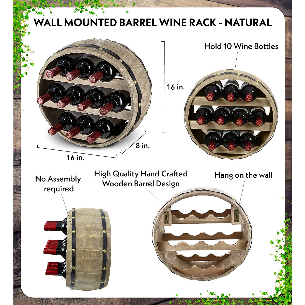 CoTa Global Barrell Wine Rack - Natural Wood Industrial Wall Mounted Barrel Wine Holder for 10 Wine Bottles, Decorative Wall Mounted Bottle Rack, Rustic Wall Wine Storage Shelf Organizer for Wine Bar