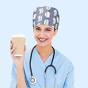 Geyoga 10 Pieces Women Bouffant Caps with Buttons Adjustable Hat Breathable Turban Cap Sweatband Hats Tie Back