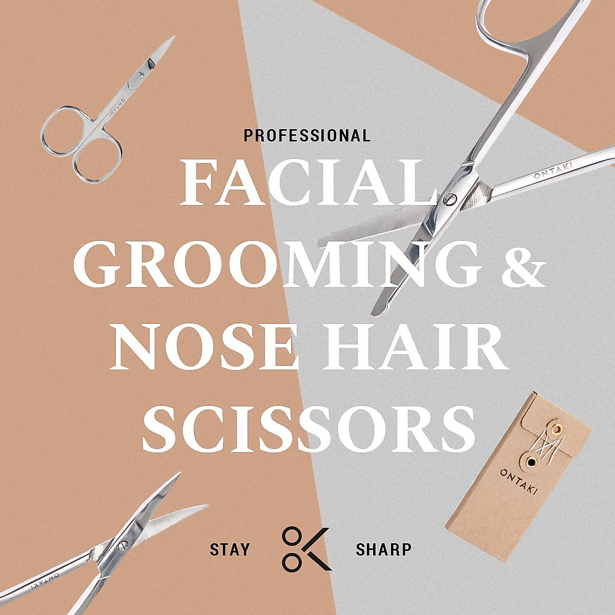 ONTAKI Curved and Rounded Facial Hair Scissors for Men - Mustache, Nose Hair & Beard Trimming Scissors, Safety Use for Eyebrows, Eyelashes, and Ear Hair - Professional Stainless Steel (Silver)