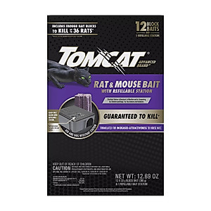 Tomcat Advanced Brand Rat & Mouse Bait with Refillable Station, Indoor and Outdoor Use, 1 Station and 12 Poison Block Refills