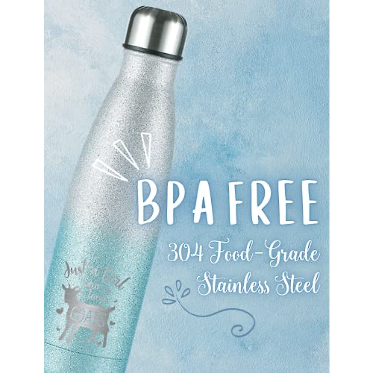 Onebttl Goat Gifts for Goat lovers, Glitter Silver-Blue Water Bottle for Women/Girls, Just a Girl who Loves Goats, Stainless Steel Insulated Bottle, Gift Box and Greeting Card Included