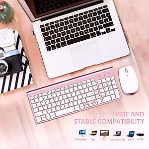 Wireless Keyboard and Mouse, FENIFOX Full-Size Whisper-Quiet Compact Compatible with Mac PC Laptop Tablet Notebook Windows - Rose Gold Pink