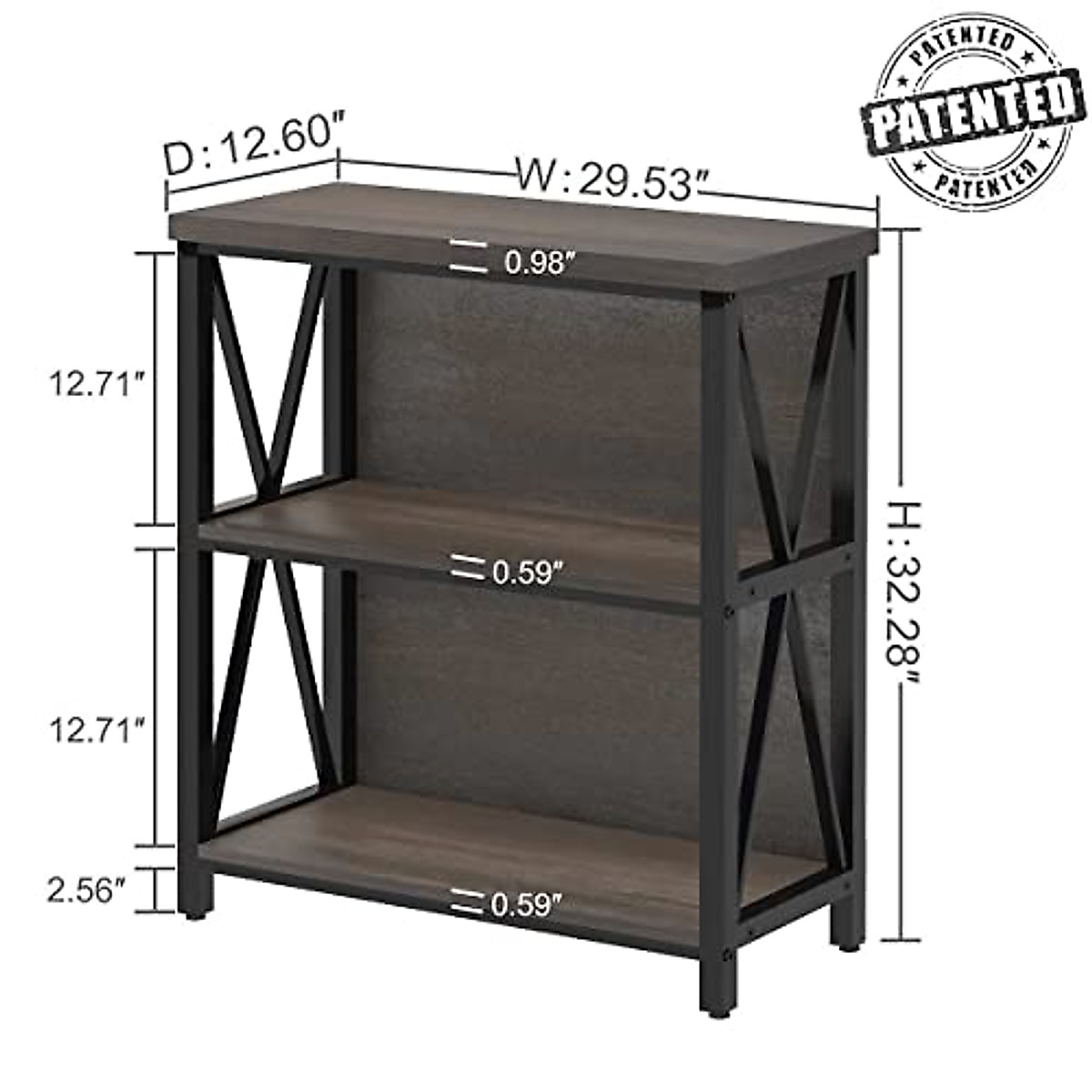 FATORRI Rustic Short 2 Shelf Bookshelf, Industrial Low Wood Bookcase, Farmhouse Small Book Case for Small Space (Walnut Brown)