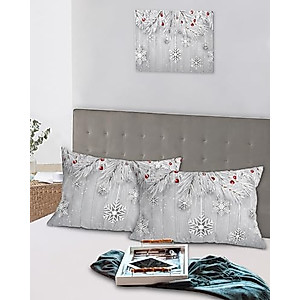 Hokiten Queen Size Pillow Covers Set of 2 - Silver Christmas, Microfiber Soft Pillowcases with Envelop Closure, Farmhouse Snowflake Pine Woodgrain Lumbar Pillow Cover for Sofa/Couch, 20x30 Inches