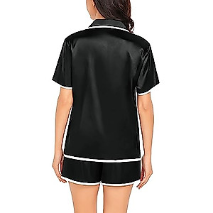 SWOMOG Silk Pajamas for Women Satin Sleepwear Short Sleeve Sleep Shirt with Shorts Soft Loungewear Pjs Set Black