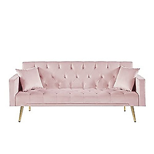 hansones Velvet Futon Sofa Bed,Sleeper Sofa Couch with Two Pillows and Golden Metal Legs for Living Room (Pink)