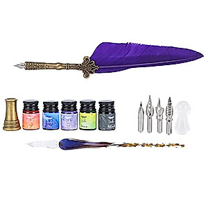 Hztyyier 5 Bottles Colorful ink Writing Gift Box Kit(Purple) Calligraphy Feather Pen Set Glass Ink Feather Fountain Pen with Replaceable Nib School Supplies