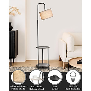 ELYONA Modern Floor Lamp with End Table, Rubber Wood Bedside Table Lamp with Adjustable Drum Shade, Rustic Tall Pole Shelf Reading Standing Light for Farmhouse Bedroom, Living Room, Office - Walnut