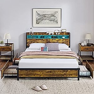 Alohappy Queen Bed Frame with LED Lights and Charging Station, Metal Platform Bed Frame with 2 -Tier Storage Headboard and Drawers, No Box Spring Needed, Easy Assembly, Noise Free