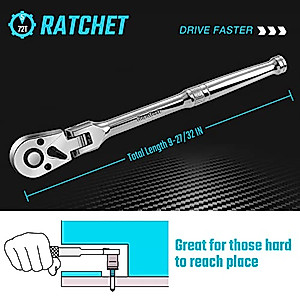 DURATECH 3/8" Drive Flex-Head Ratchet, 72-Tooth Ratchet Wrench, Quick-release, Reversible Switch, Full-Polished Chrome Plating, Alloy Steel