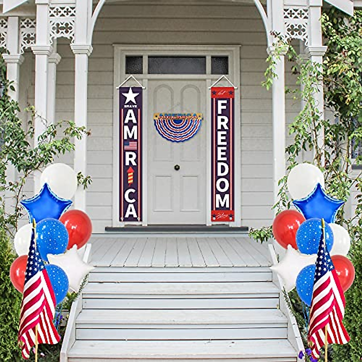 4th of July Banner Porch Sign, Independence Day American Flag Banner Outdoor Patriotic Decorations Hanging Signs Banners - Fourth of July Patriotic Banner Decrations for Front Door Yard (2 Pcs)