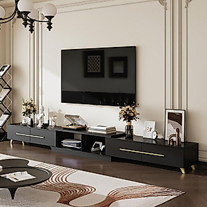FAMAPY Modern TV Console Extendable Media Console, Adjustable Length, Contemporary Entertainment Center with Drawers and Legs, for Living Room Black and Gold (95”-133.9”W x 15.2”D x 13.1”H)