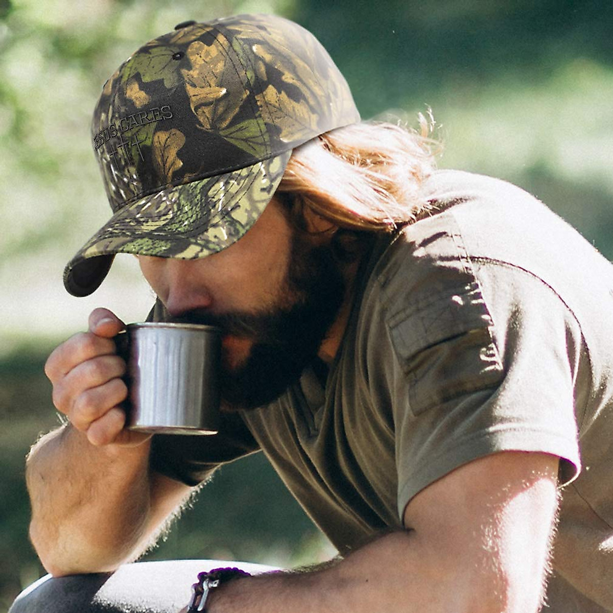 Speedy Pros Camo Baseball Cap Jesus Cares Gray A Embroidery Cotton Hunting Dad Hats for Men & Women Strap Closure Forest Tree Khaki