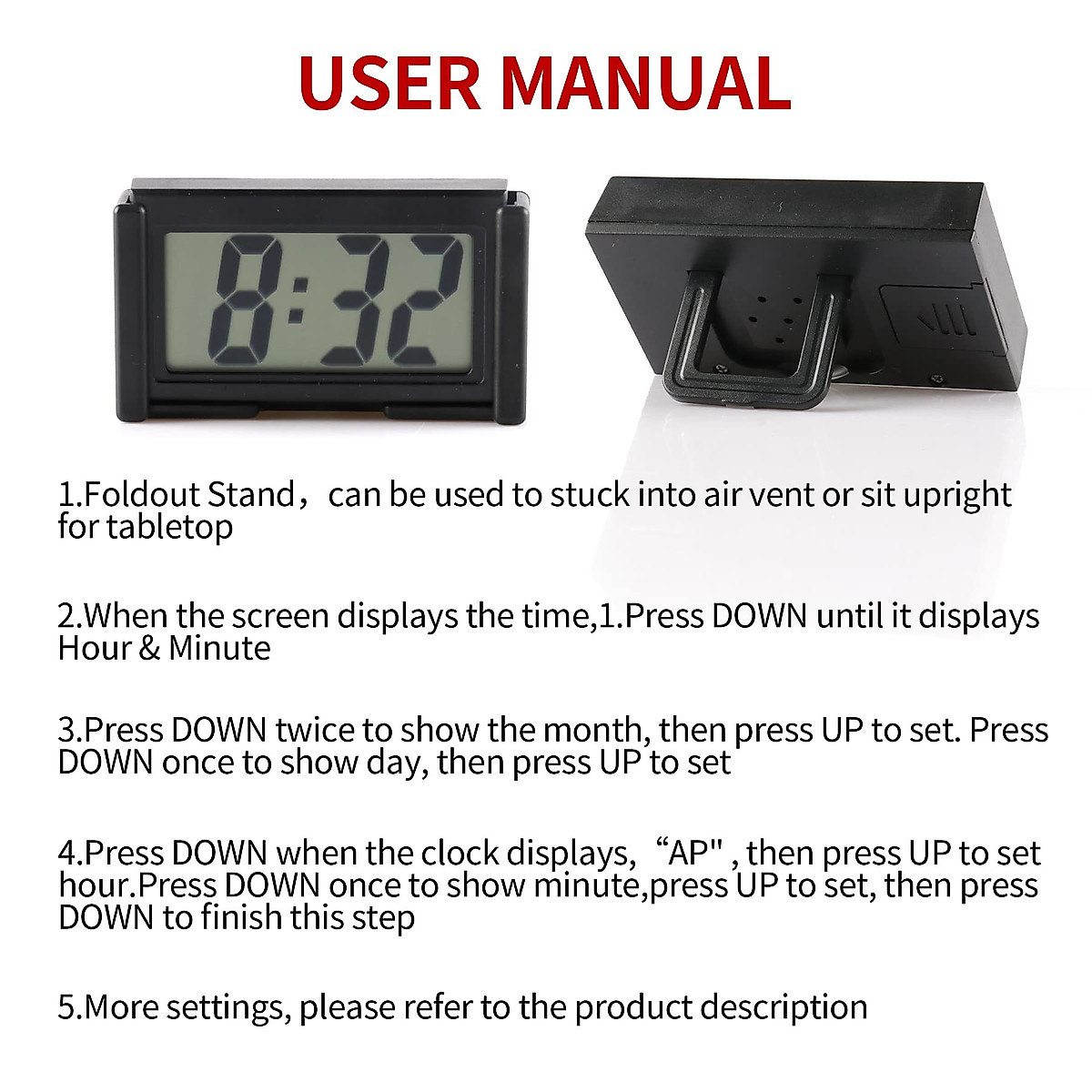 UYYE Mini Digital Car Clock Sticky Electronic Car Clock, Accessories with Clear LCD Screen Self-Adhesive Stand Digital Clock for Car Truck Dashboard Home Office Table