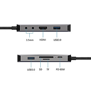 Port Expander USB C Docking Station 8-in-1 USB C Adapter USB C Hub with 4K HDMI, PD 60W, 2 USB 3.0 Port, SD/TF Card Reader, 2 3.5mm Port USB Splitter