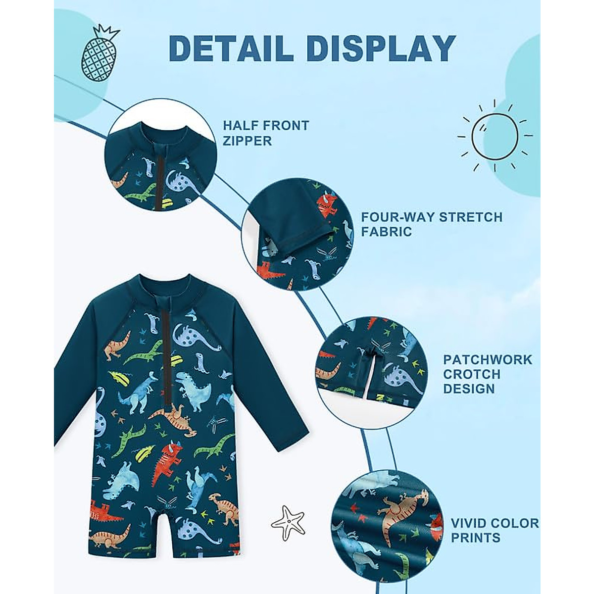 BesserBay Long Sleeve One Piece Rashguard UPF 50+ Dinosaur Navy Zip Up Swimwear for Baby Boy 18-24 Months