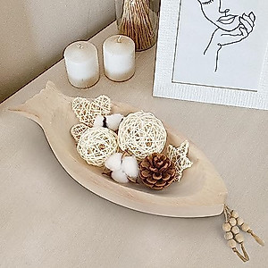 Decorative Bowl with Wooden Bead Tassels, Hand Carved Fish Shaped Coastal Decor, Table Centerpieces Bowl, Small Decorative Tray, Home Decor Accents for Farmhouse Boho Rustic Style (15.7"x 6.5")
