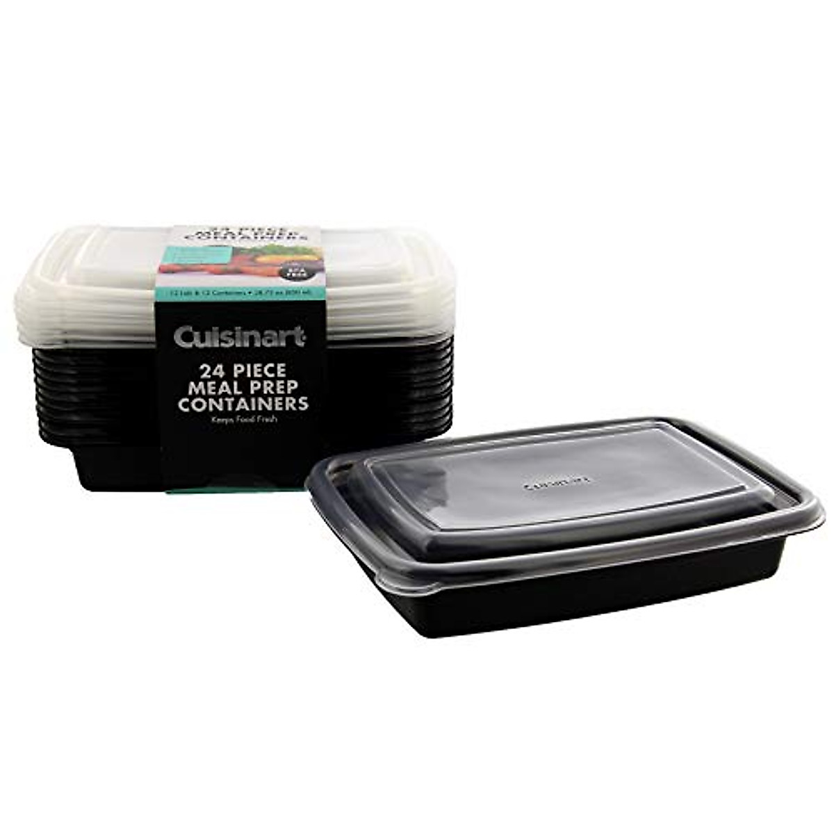 Cuisinart 1 Compartment Meal Prep Containers, 24 Piece, Set of 12 BPA Free Food Storage Containers with Lids-Reusable, Stackable Bento Box Containers-Microwave, Dishwasher, Freezer Safe-Black, 28.75oz