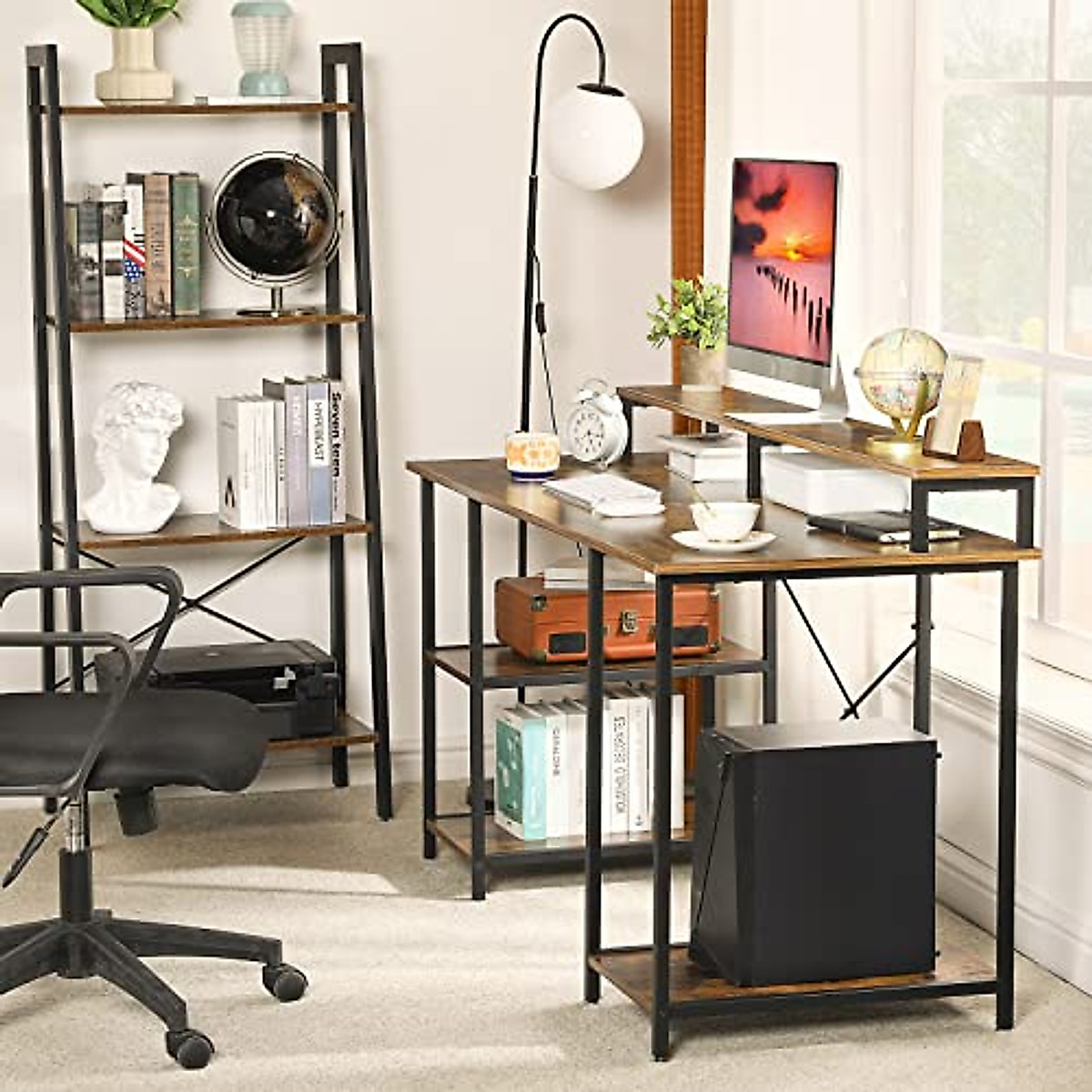 YMYNY 55" Industrial Computer Desk with Dual Monitor CPU Stand, Studying Writing Desk with Storage Shelves, Gaming Study Table Workstation for Home Office, Easy Assembly, Rustic Brown, HD-UHTMJ056H