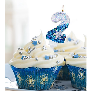 Blue Birthday Candles 3, Blue and White Glitter Birthday Number 3 Candles with Snowflake Party Supplies
