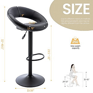 Vogue Furniture Direct Adjustable Bar Stools, Modern Cute PU Leather Swivel Barstools with Hollow Back, Airlift Counter Height Bar Chairs for Kitchen Dining Pub Cafe, Set of 2 (Black, Black Base)