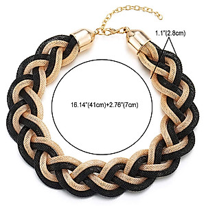 COOLSTEELANDBEYOND Gold Black Statement Necklace, Braided Hollow Cable Large Bib Choker Collar, Dress Prom
