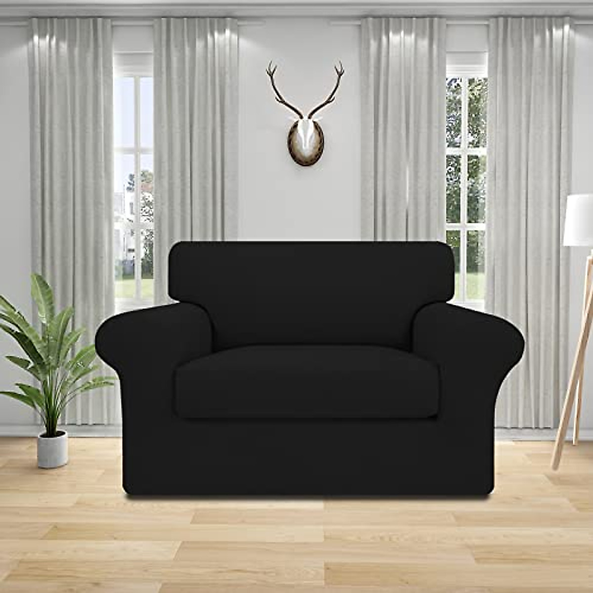 Easy-Going 2 Pieces Stretch Oversized Chair Couch Cover Sofa Cover for Dogs Sofa Slipcover for Separate Cushion Couch Jacquard Fabric Elastic Furniture Protector for Pets (Black, Oversized Chair)