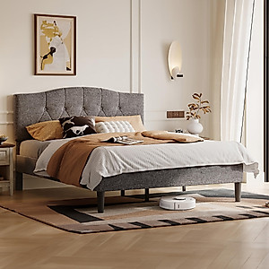 LINSY Full Size Bed Frame, Linen Upholstered Platform Bed Frame with Adjustable Headboard & Solid Wood Slat Support, Heavy Duty Platform Bed Full, NO Box Spring Needed, Noise-Free, Dark Grey