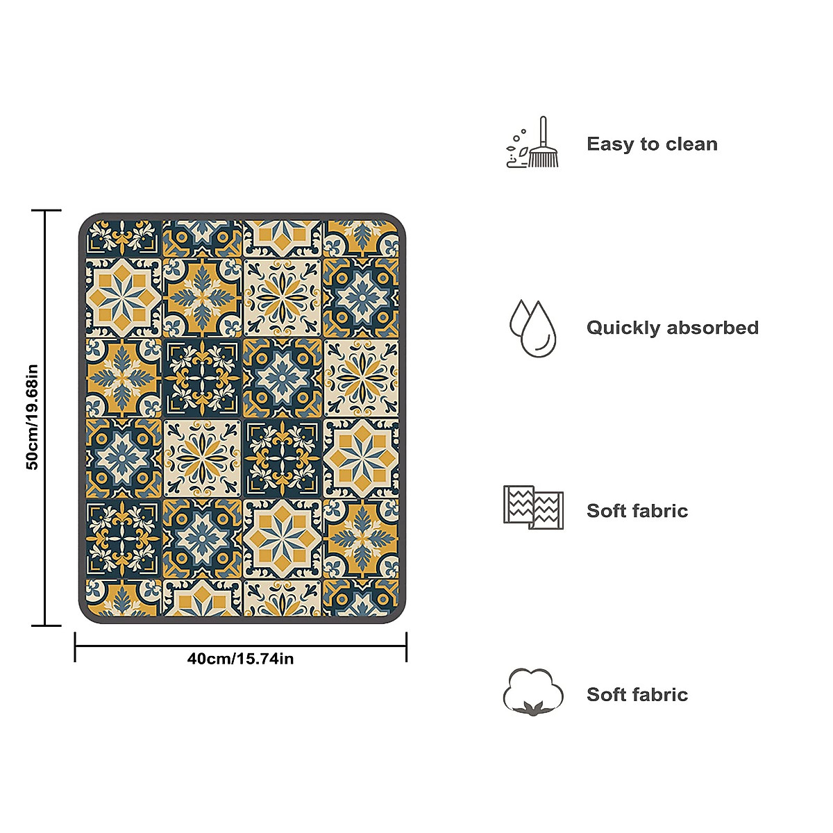 NeuWee Dish Drying Mat for Kitchen Counter, Super Absorbent, Heat Resistant, Non-Slip Dish Drying Pad, Hide Stain Coffee Mat, Table Mat Under Appliance, Ethnic Style, Yellow Blue Print, 16 x 20 Inch