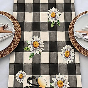 Seliem Spring Bee Gnome Table Runner, Honey Black White Buffalo Plaid Check Home Kitchen Dining Decor, Summer Seasonal Farmhouse Daisy Decorations Indoor Outdoor Anniversary Party Supply 13 x 72 Inch