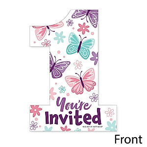 Big Dot of Happiness 1st Birthday Beautiful Butterfly - Shaped Fill-In Invitations - Floral First Birthday Party Invitation Cards with Envelopes - Set of 12