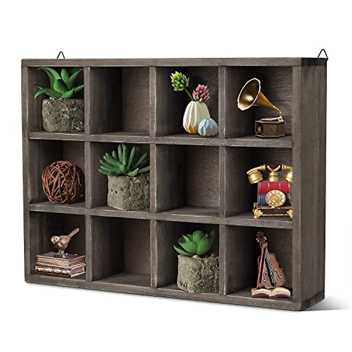 Flexzion Floating Shelf - Brown Wood Wall Mounted Freestanding Shelving Unit Wooden Wall Shelf 12 Compartment Slot Shadow Box, Showcase Display Organizer Shelf Vertical/Horizontal