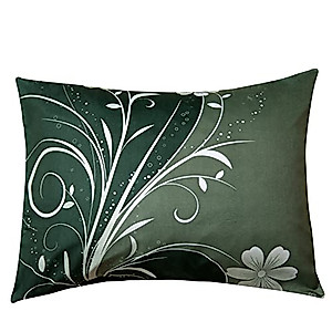 MUGINYU Botanical Comforter Set Queen Size,Dark Green with White Floral 7 Piece Bed in A Bag All Season Reversible Patchwork Bedding Set