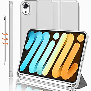 iMieet New iPad Mini 6 Case 8.3 Inch 2021(6th Gen) with Pencil Holder [Support iPad 2nd Pencil Charging/Pair],Trifold Stand Smart Case with Soft TPU Back,Auto Wake/Sleep(Light Gray)